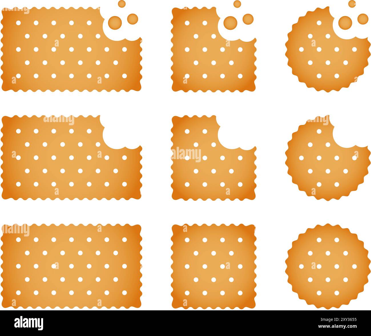 Set of whole and bitten crackers. Sweet or salty biscuit cookies in ...