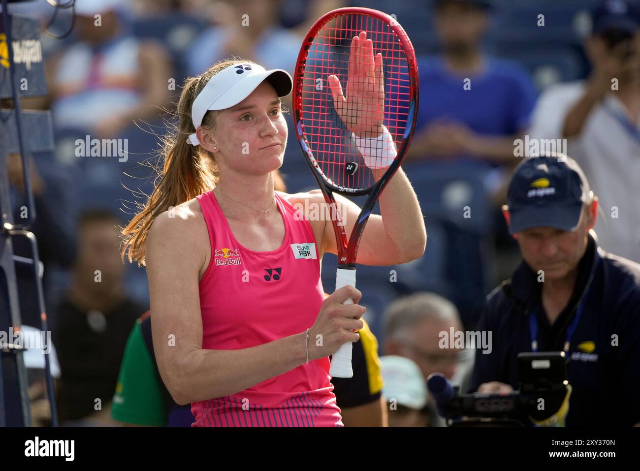 Elena Rybakina, of Kazakhstan, reacts after defeating Destanee Aiava, of Australia, during the ...