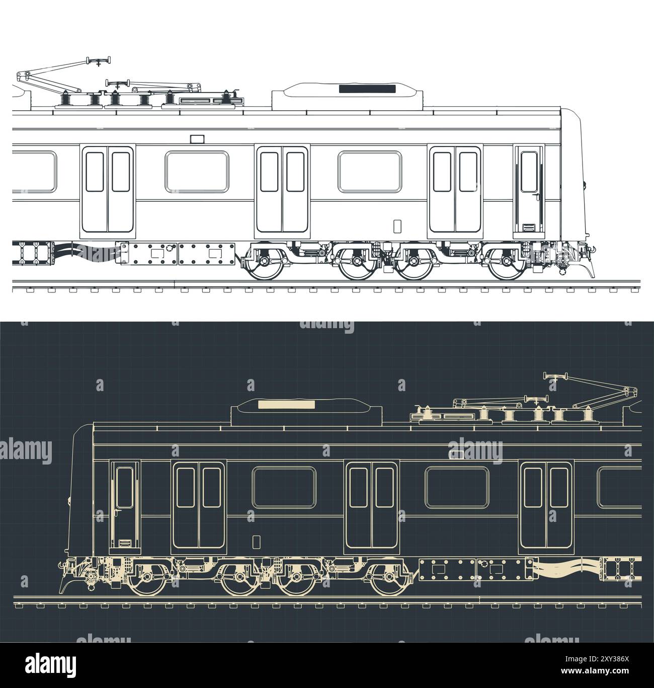 Stylized vector illustration of blueprints of a city train close up ...