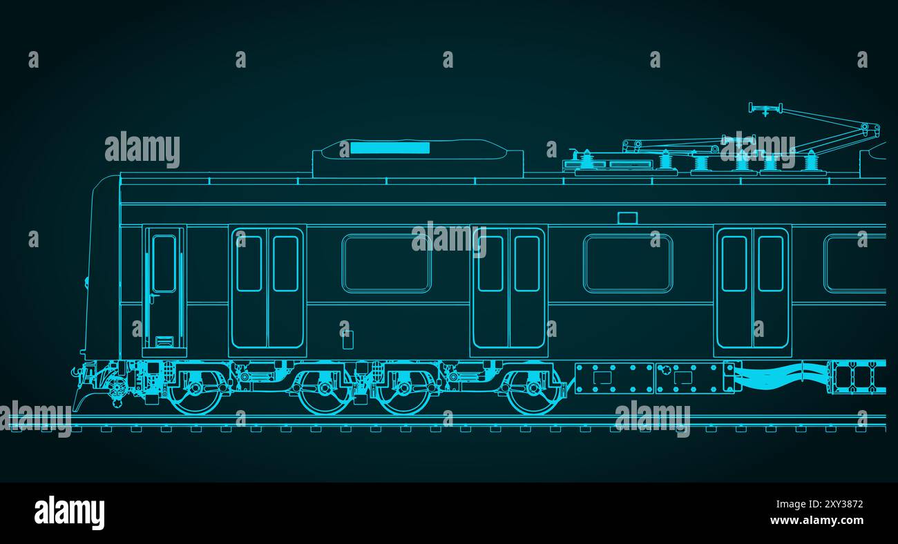 Stylized vector illustration of blueprint of a city train close up ...