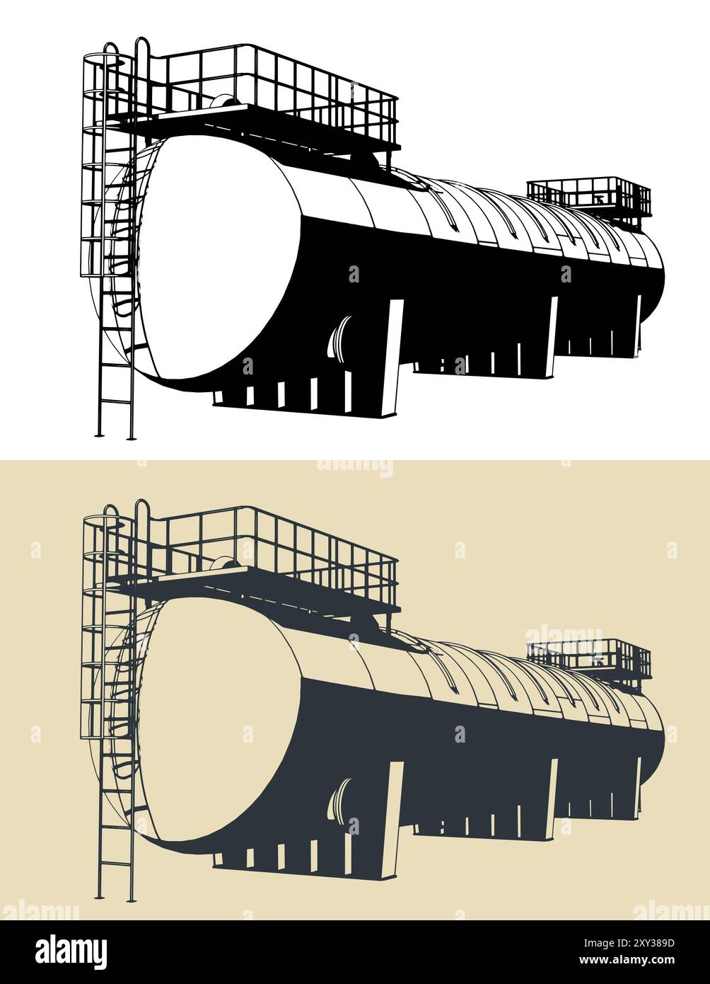 Stylized vector illustrations of a large horizontal storage tank Stock ...