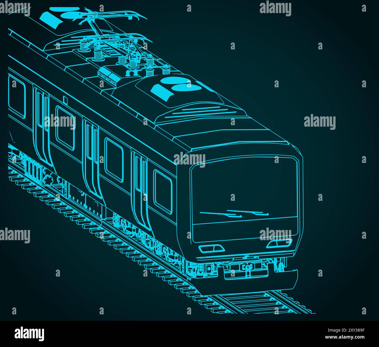 Stylized vector illustration of isometric blueprint of a city train ...
