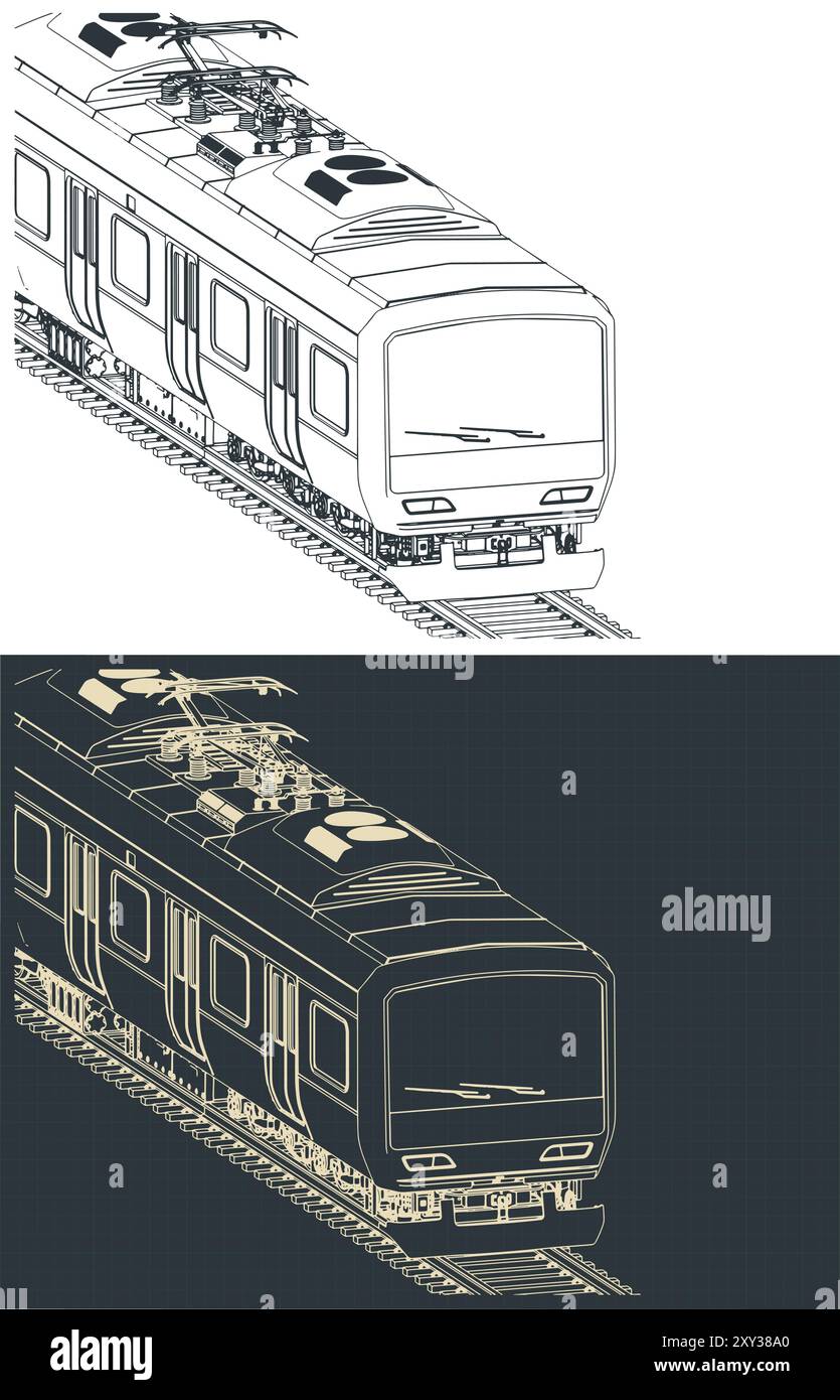 Stylized vector illustration of isometric blueprints of a city train ...
