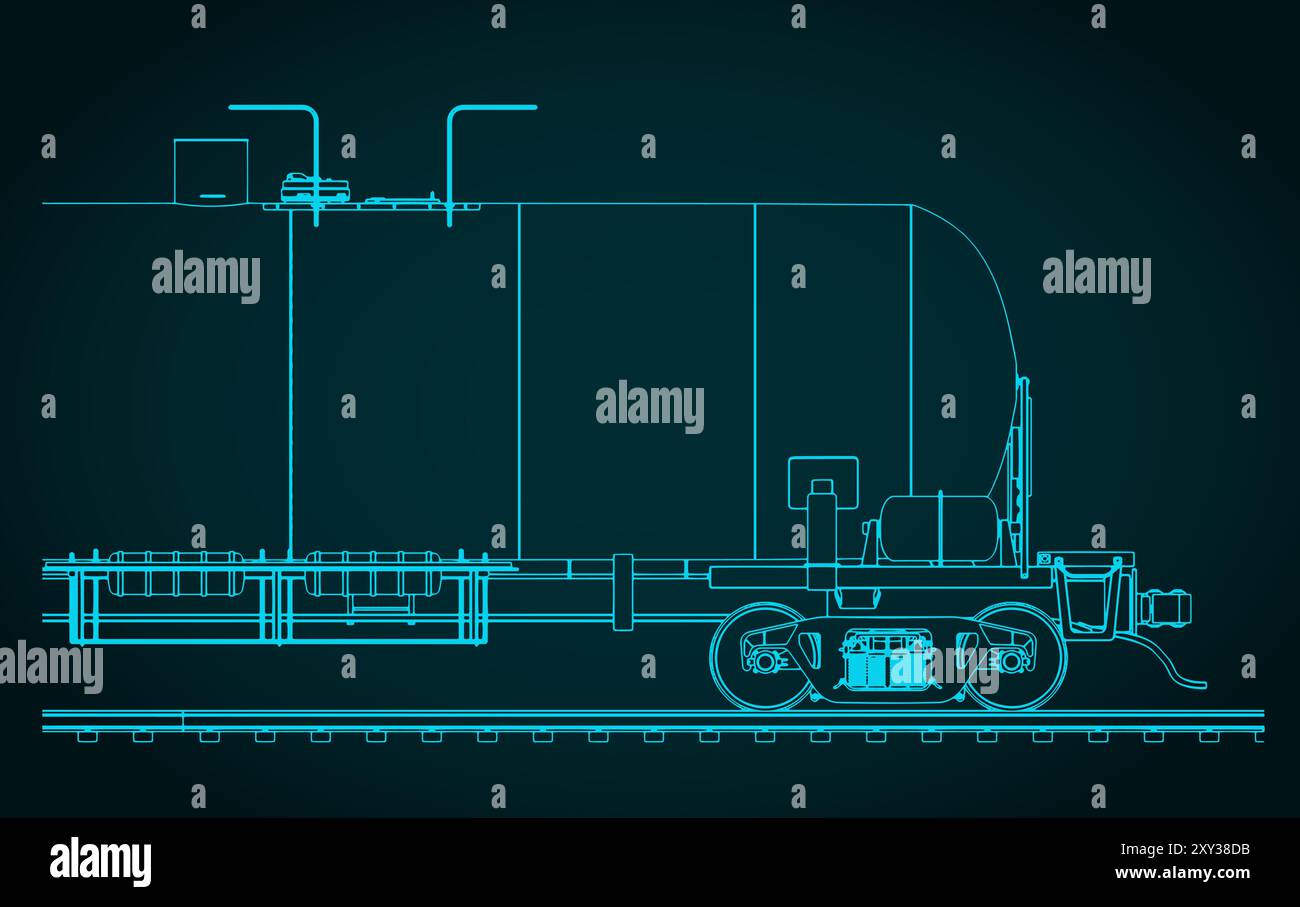 Stylized vector illustration of blueprint of a railway tank car close ...