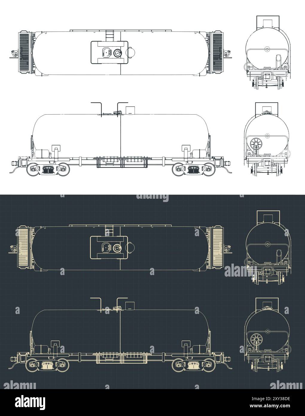 Stylized vector illustrations of blueprints of a railway tank car Stock ...
