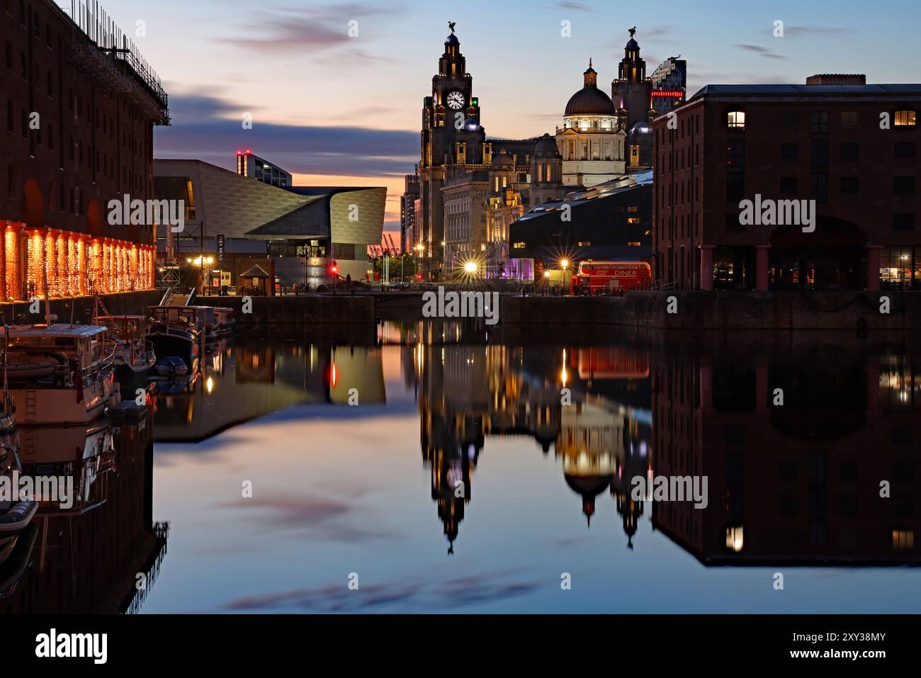 The Albert Dock At Night With The Royal Liver Building, Liverpool Stock ...