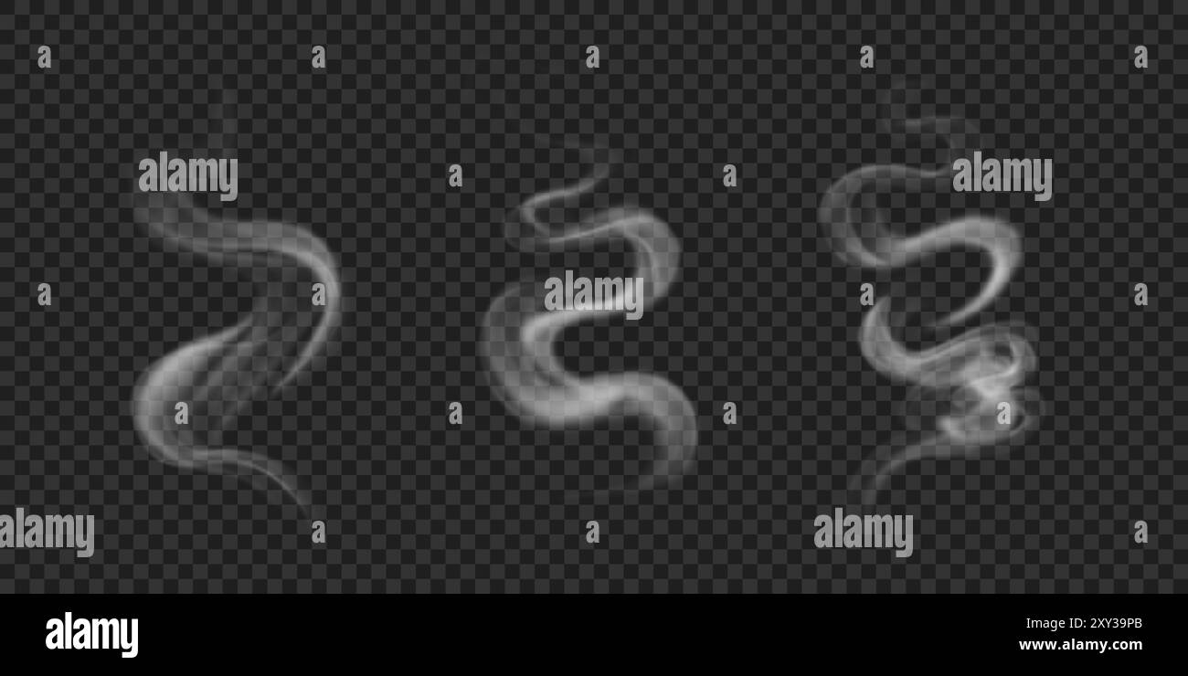 Set of wavy, fluid smoke from hookah, cigarettes, hot food, bbq and ...