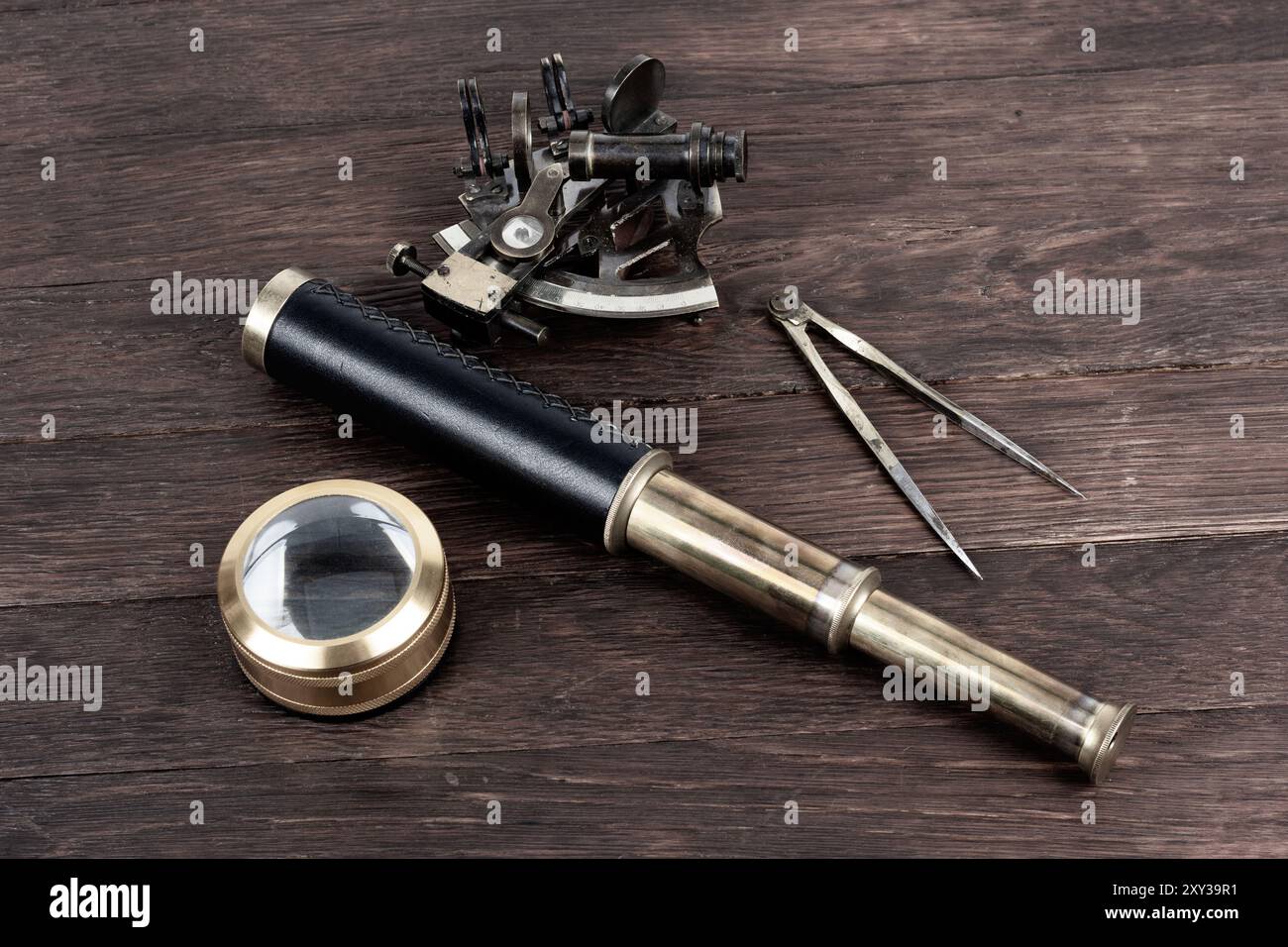 Antique bronze naval instruments - sextant, spy glass. naval dividers ...