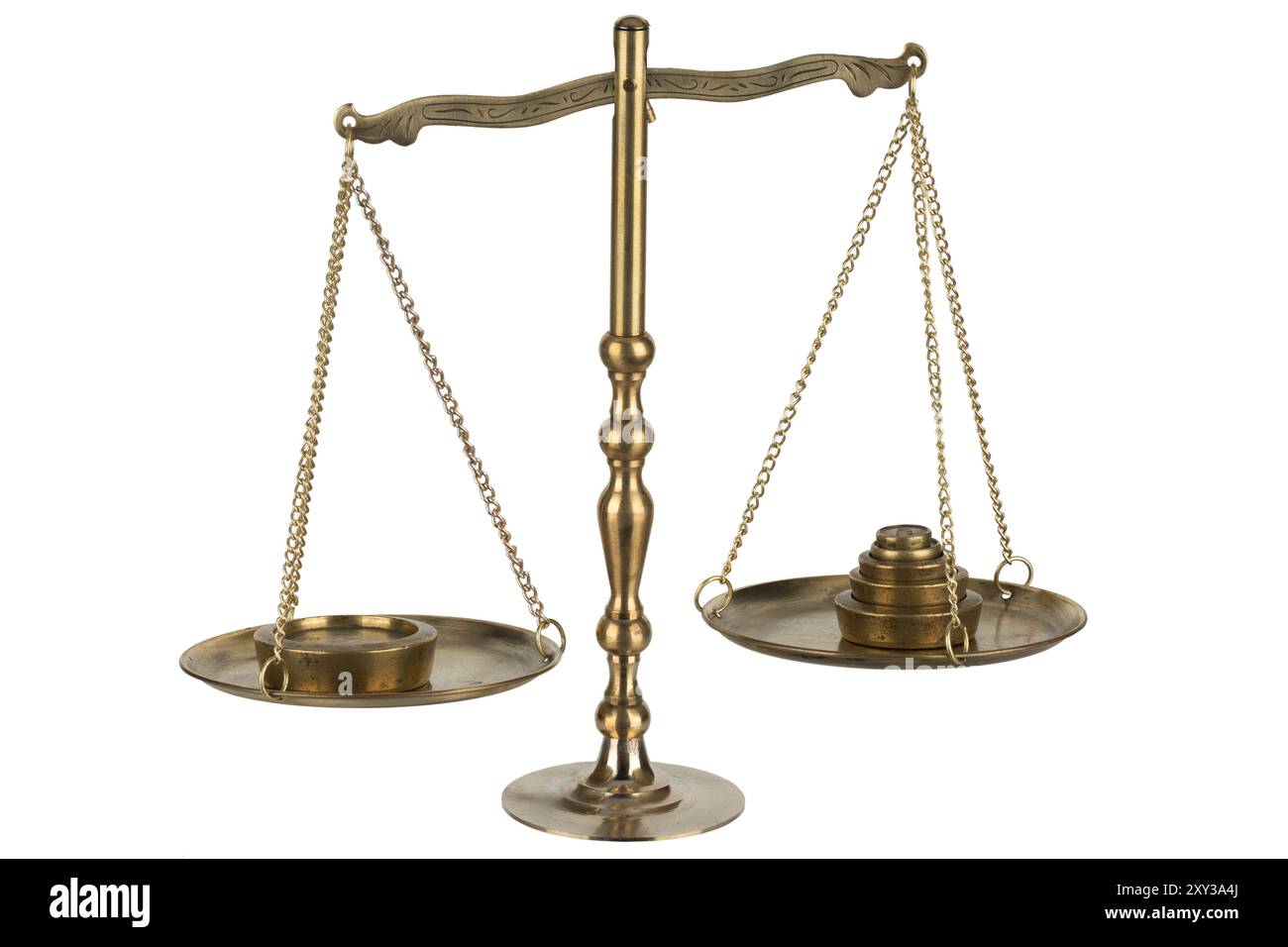 Bronze traditional balance scale with weights isolated on white ...