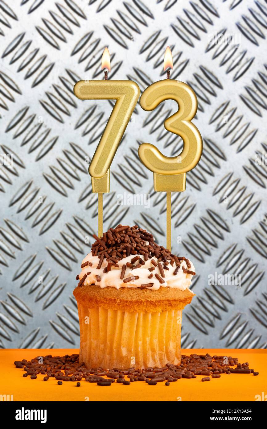 Chocolate cupcake with candle number 73 - Birthday on industrial ...