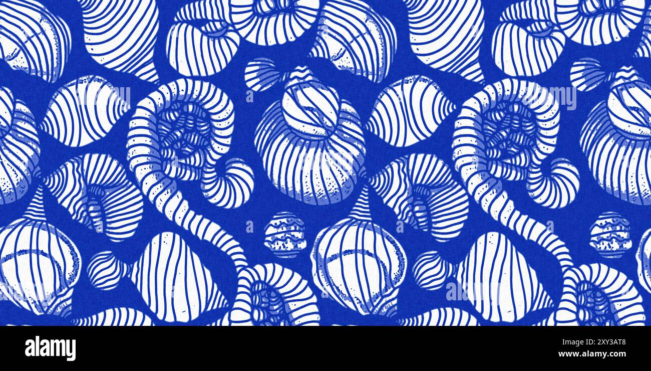 Azure blue white shell motif with linen seamless batik border ...