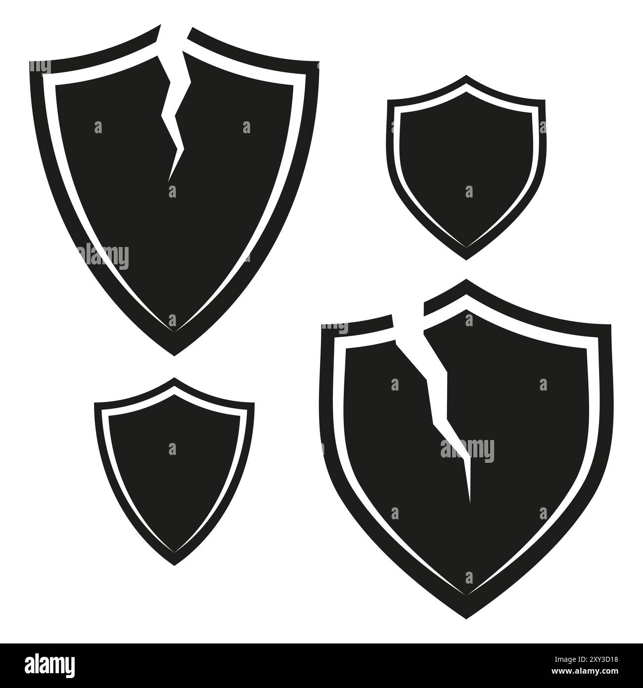 Broken shield icon. Protection failure symbol. Cracked defense shape ...