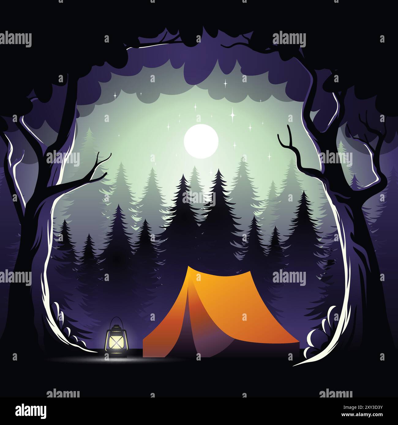 Horror Camping in the forest at night, solo creepy camp vector illustration Stock Vector Image ...