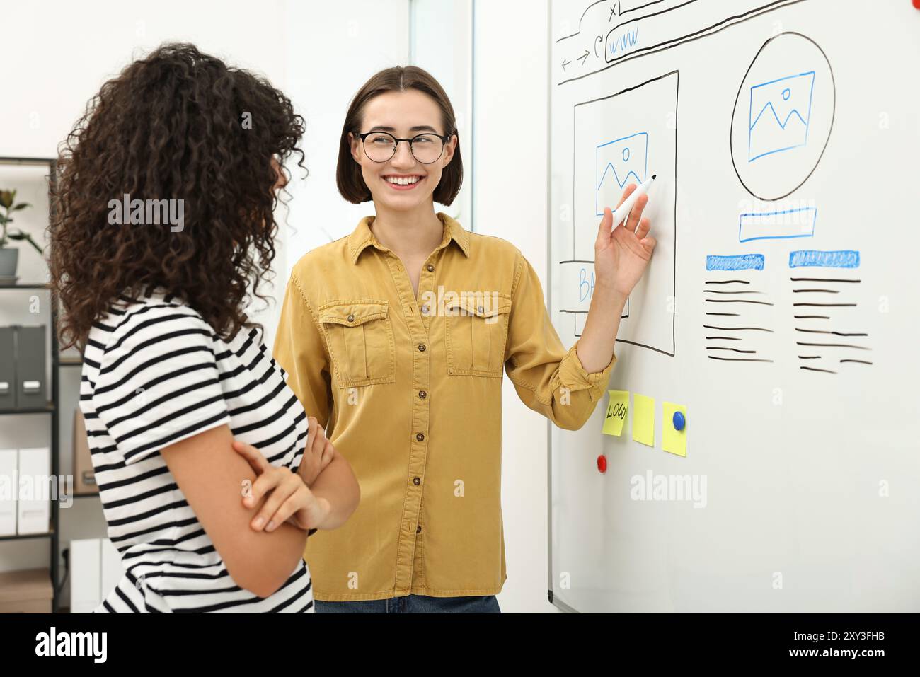 Developing UI design. Women drawing website wireframe on whiteboard ...