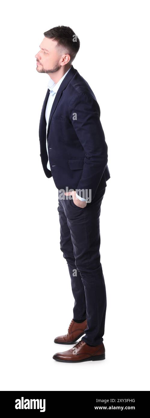 Man standing in queue on white background Stock Photo - Alamy