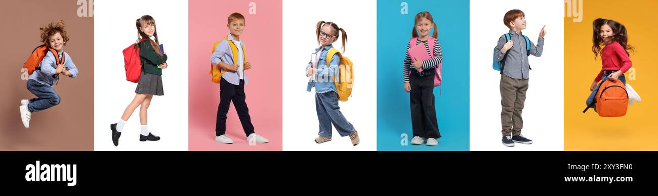 Children with backpacks on different colors backgrounds. Back to school ...