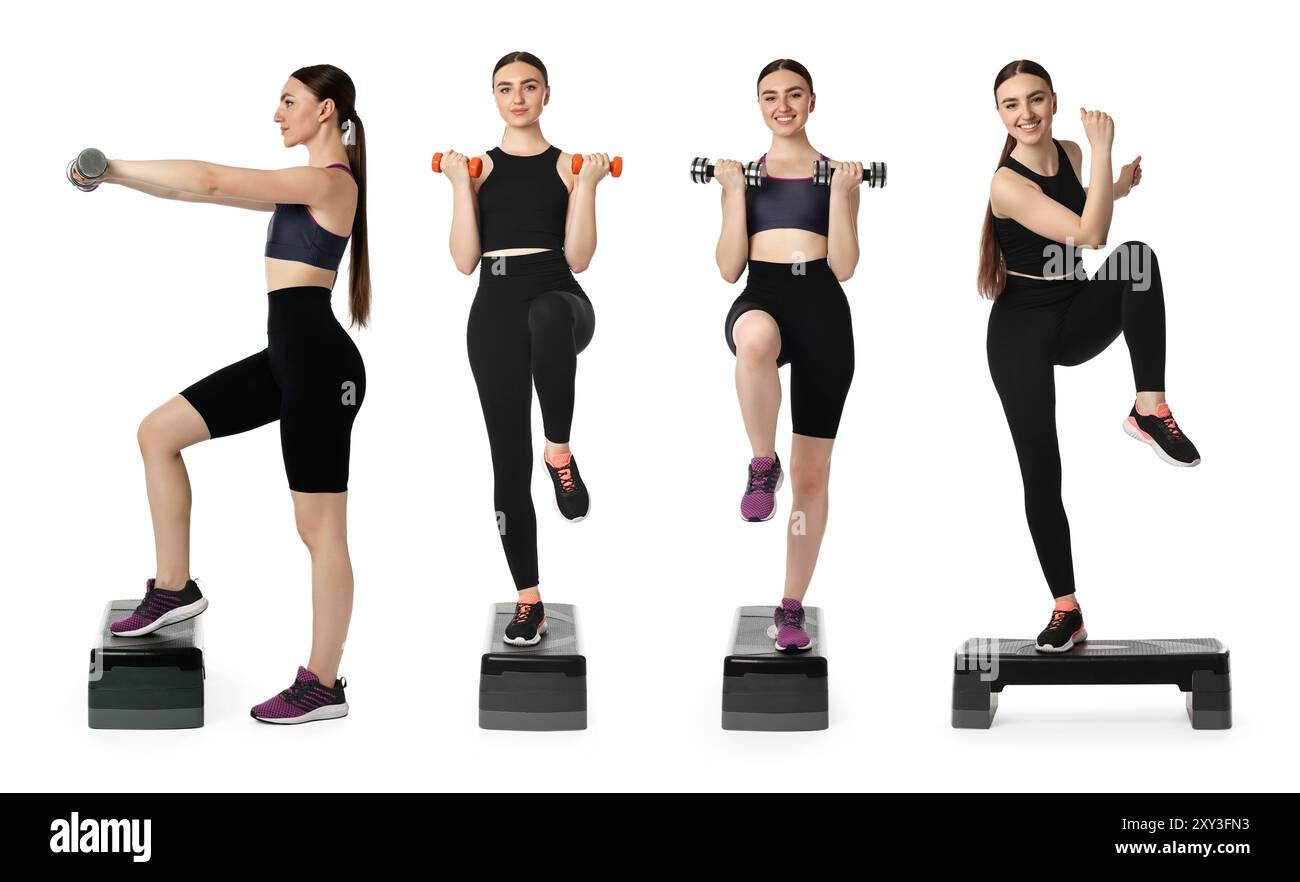 Collage of young woman doing aerobic exercises with step platform on ...