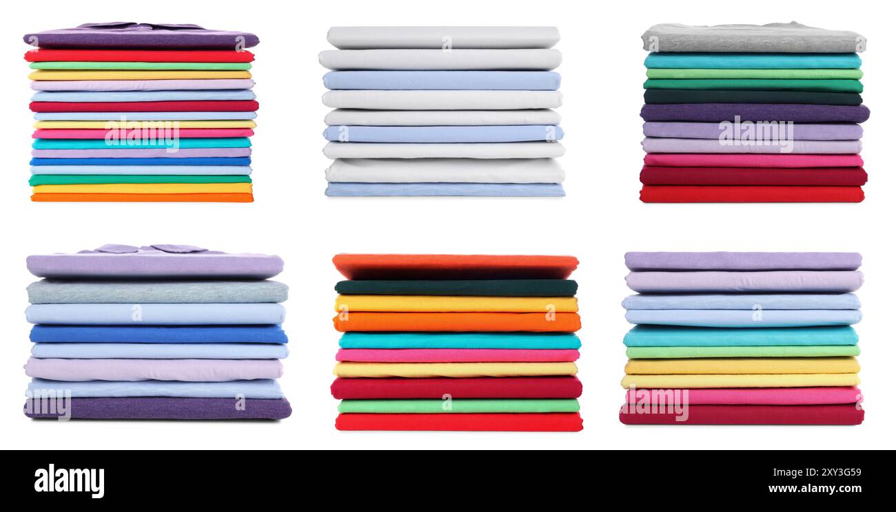 Stacks of different t-shirts isolated on white, collage Stock Photo - Alamy
