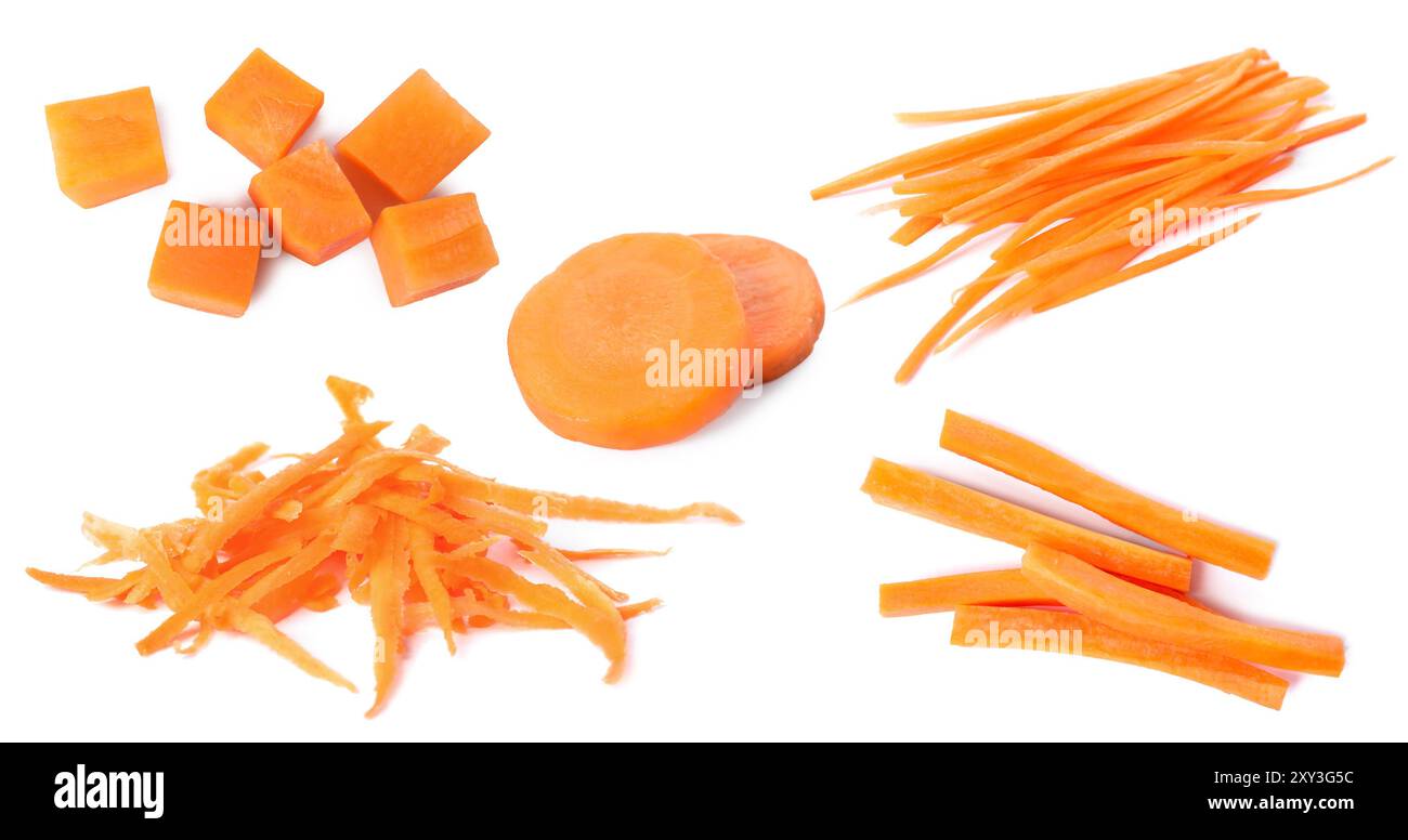 Fresh carrots isolated on white, collage. Different types of cuts Stock ...