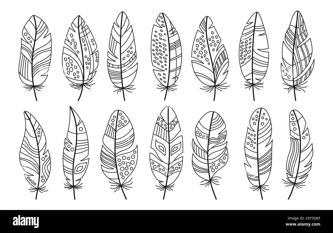 Feather cartoon line set. Doodle stylized bird feathers with ethnic ...