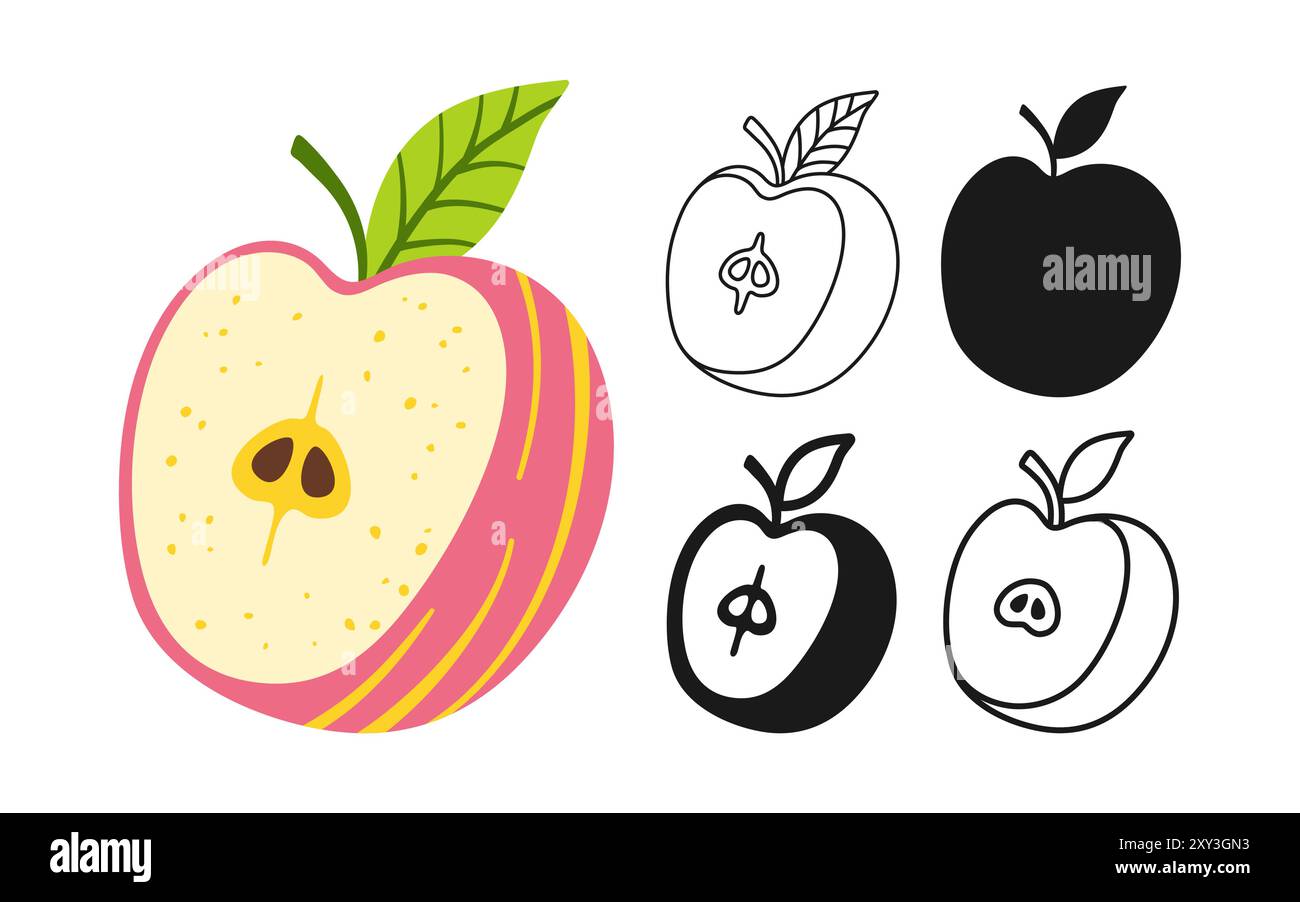 Apple symbol cartoon set. Juicy half pink apple linear doodle icon ...