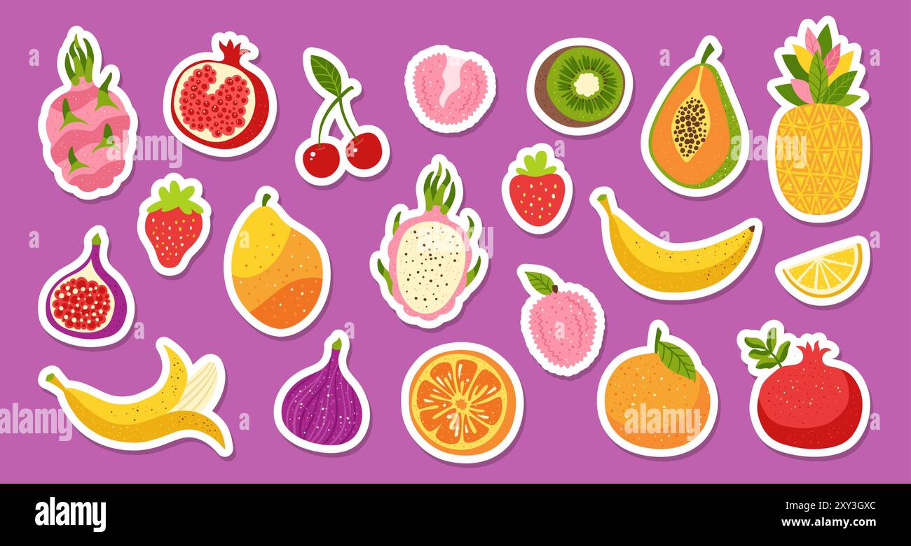 Fruits or berries sticker cartoon set. Sliced citrus orange papaya fig ...