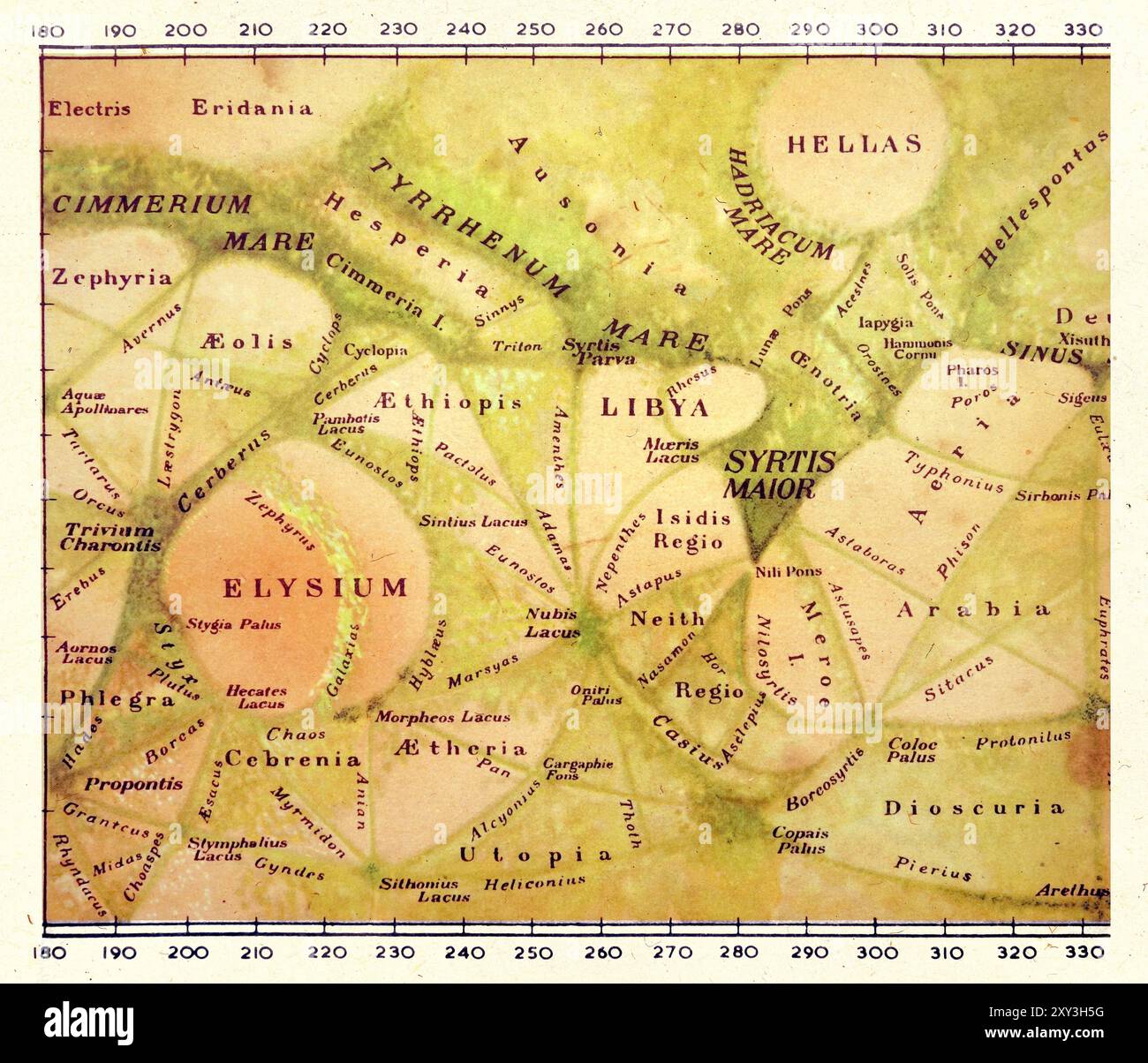 Mars map from 1955. Mars has a complex surface with features such as ...