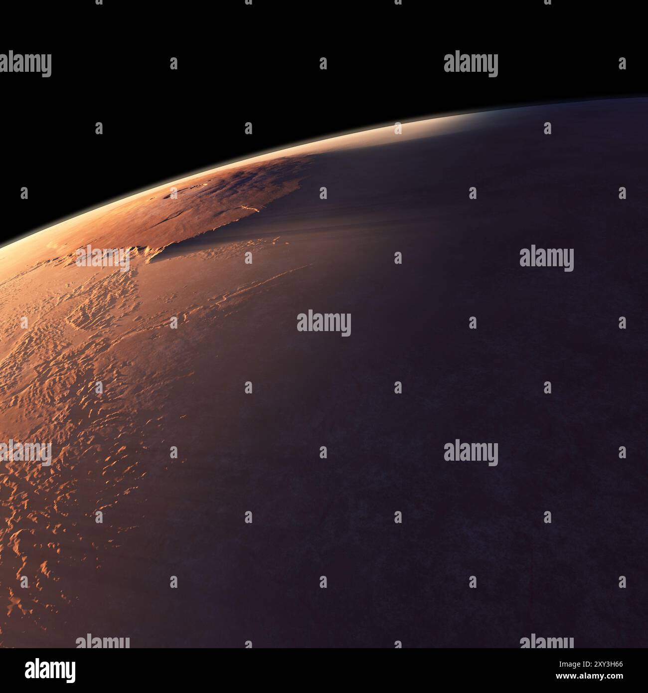 Olympus Mons at low sun on Mars, illustration. Olympus Mons (upper left ...