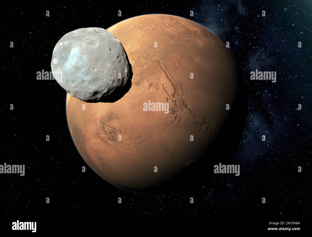 Illustration of the Mars (background) and its moon Phobos (foreground ...