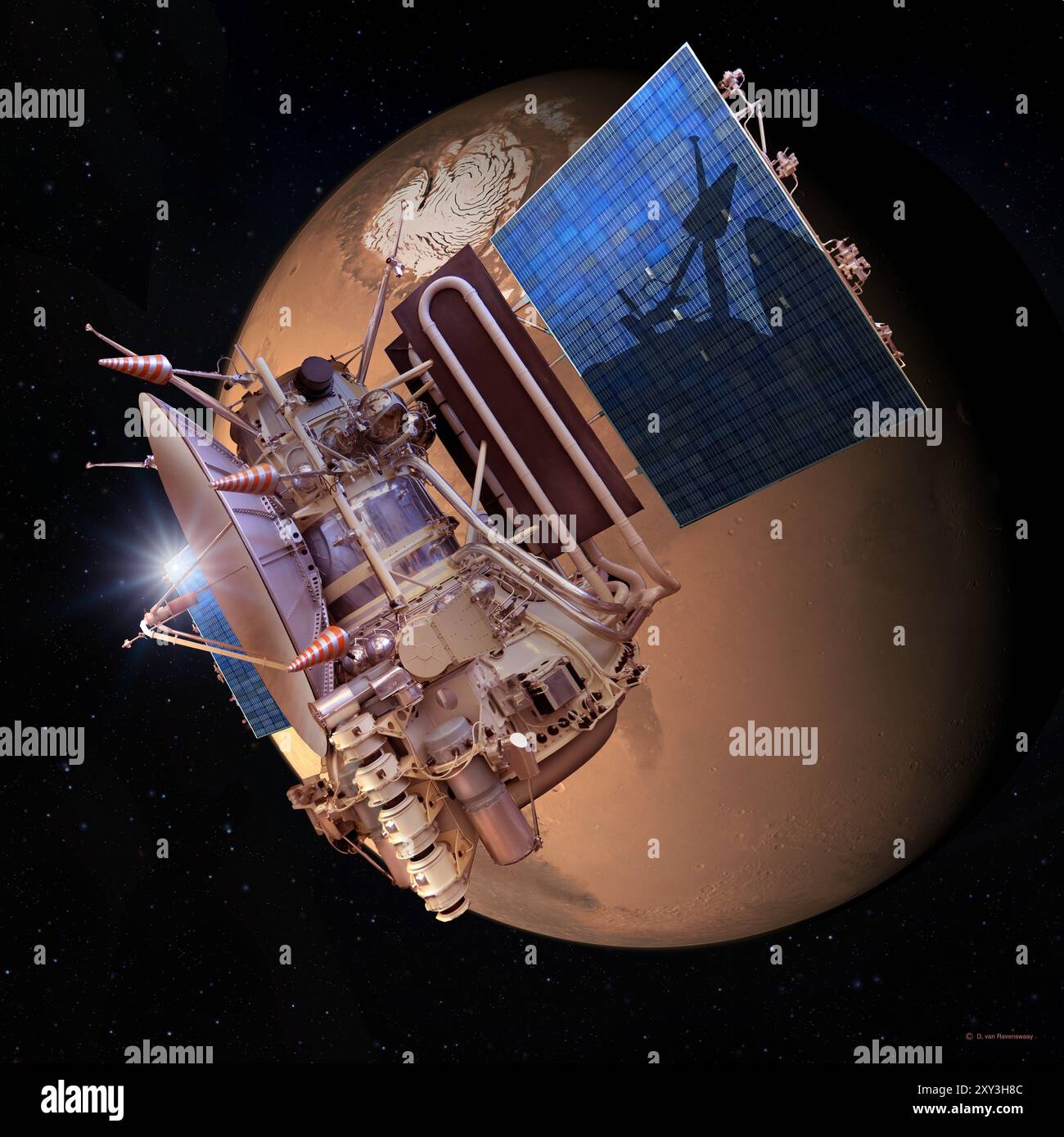Illustration of the Mars 3 orbiter spacecraft in orbit. Mars 3 was a ...