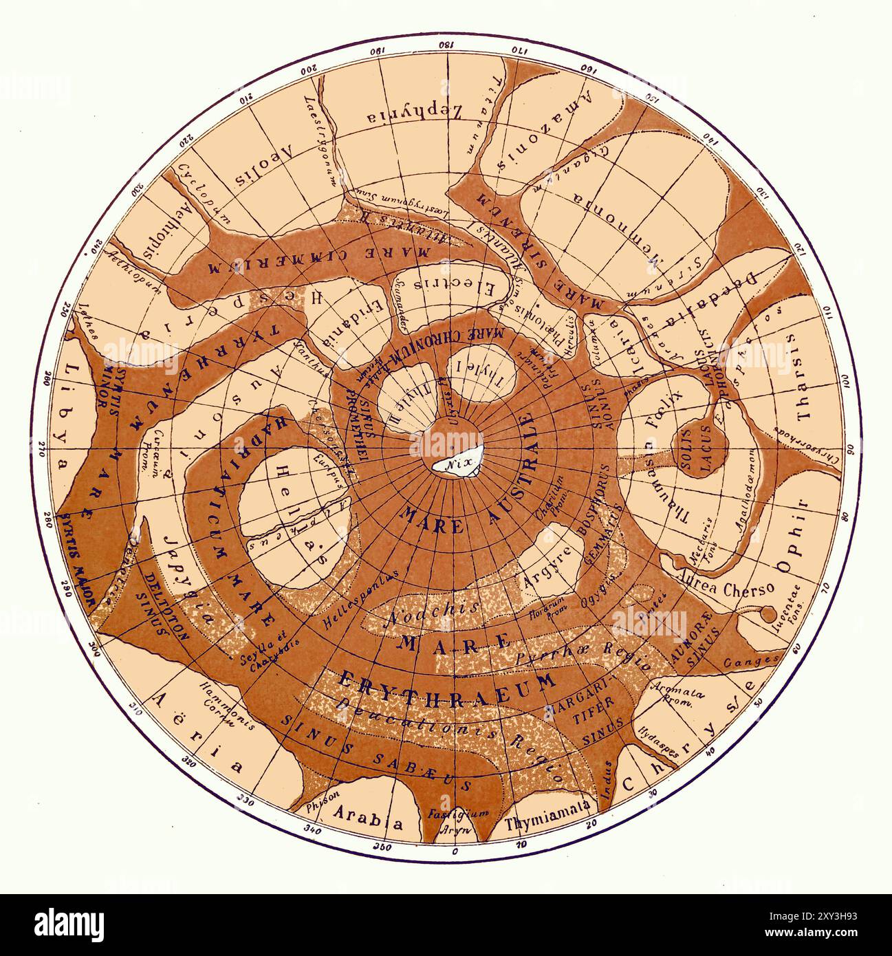 Italian astronomer Giovanni Schiaparelli's map of Mars south polar map in 1900. Schiaparelli was ...