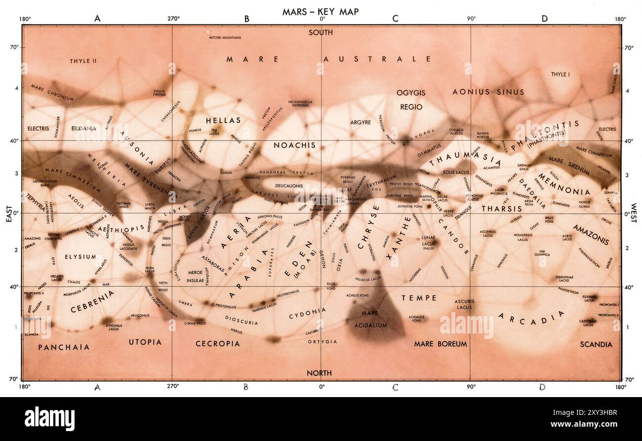 Mars map from 1958. Mars has a complex surface with features such as ...