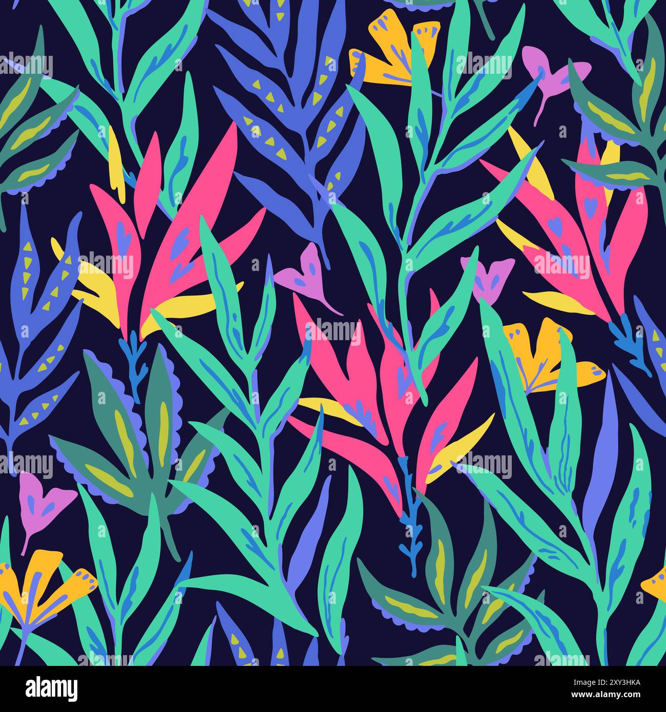 Tropical pattern with colorful bright psychedelic leaves. Vector ...