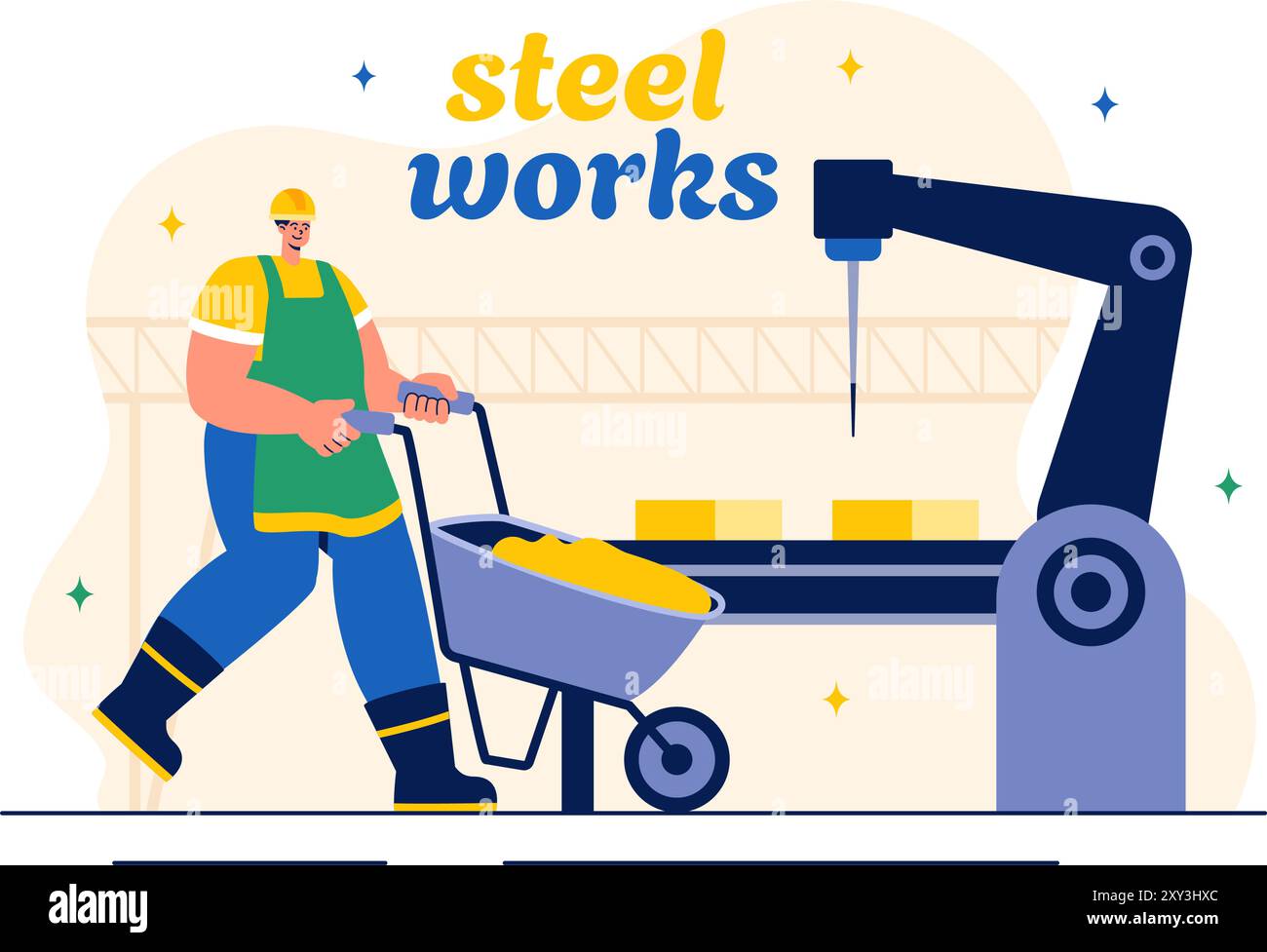 Steelworks Vector Illustration with Resource Mining, Smelting of Metal in Big Foundry and Hot ...