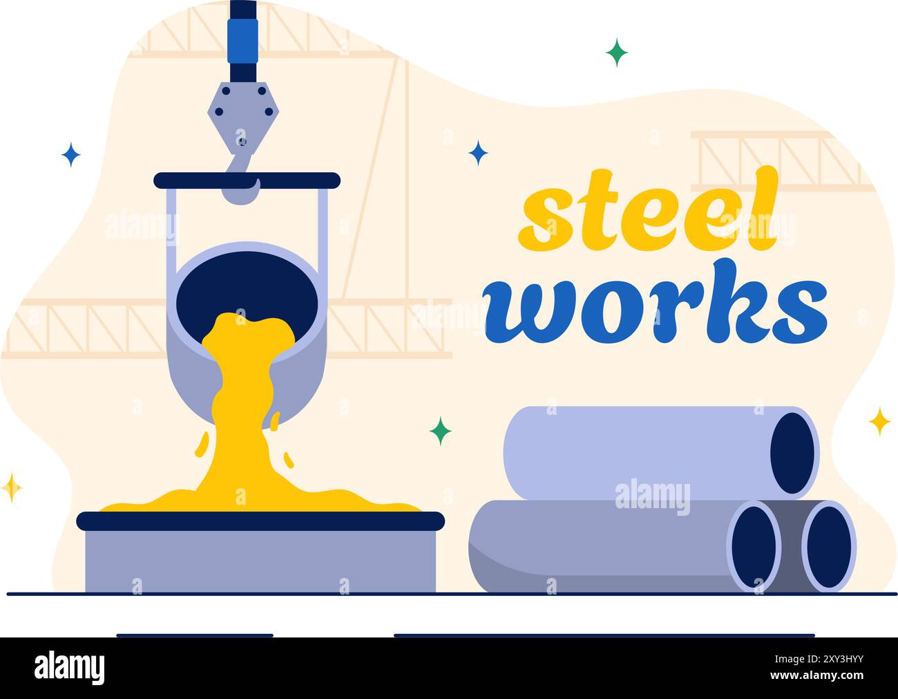 Steelworks Vector Illustration with Resource Mining, Smelting of Metal in Big Foundry and Hot ...