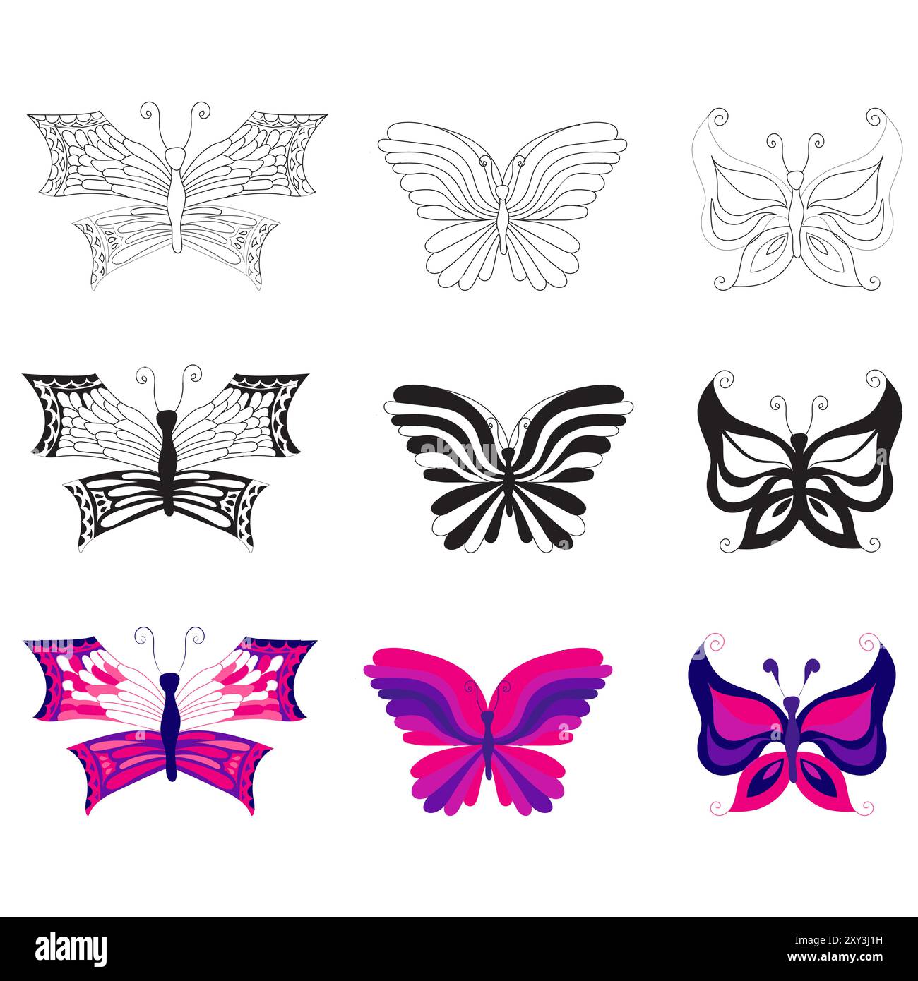 Set of butterflies in different flat, silhouette, doodle styles. Vector ...