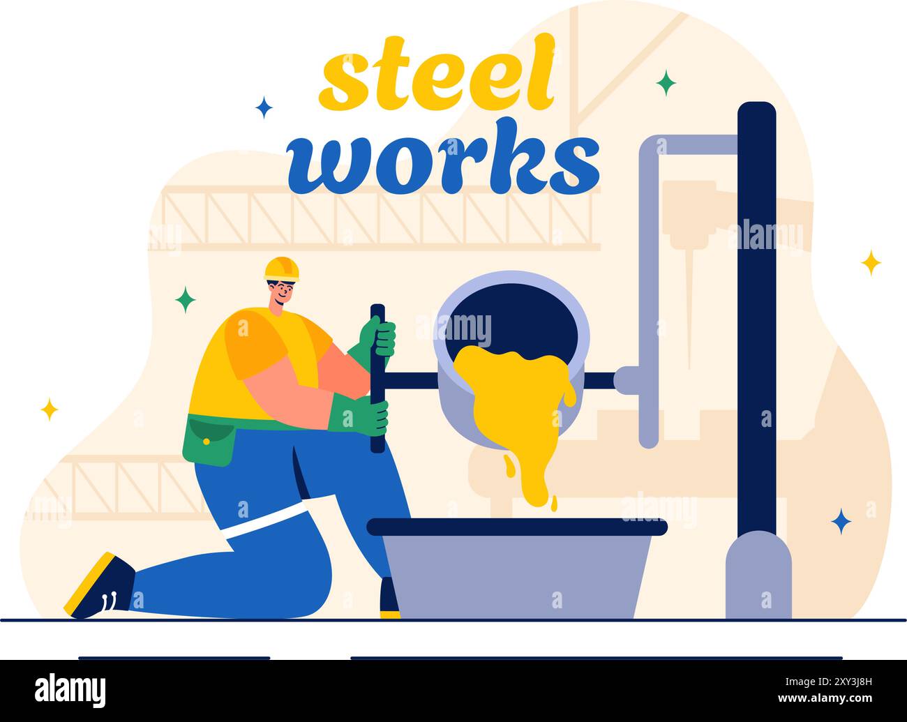 Steelworks Vector Illustration with Resource Mining, Smelting of Metal in Big Foundry and Hot ...
