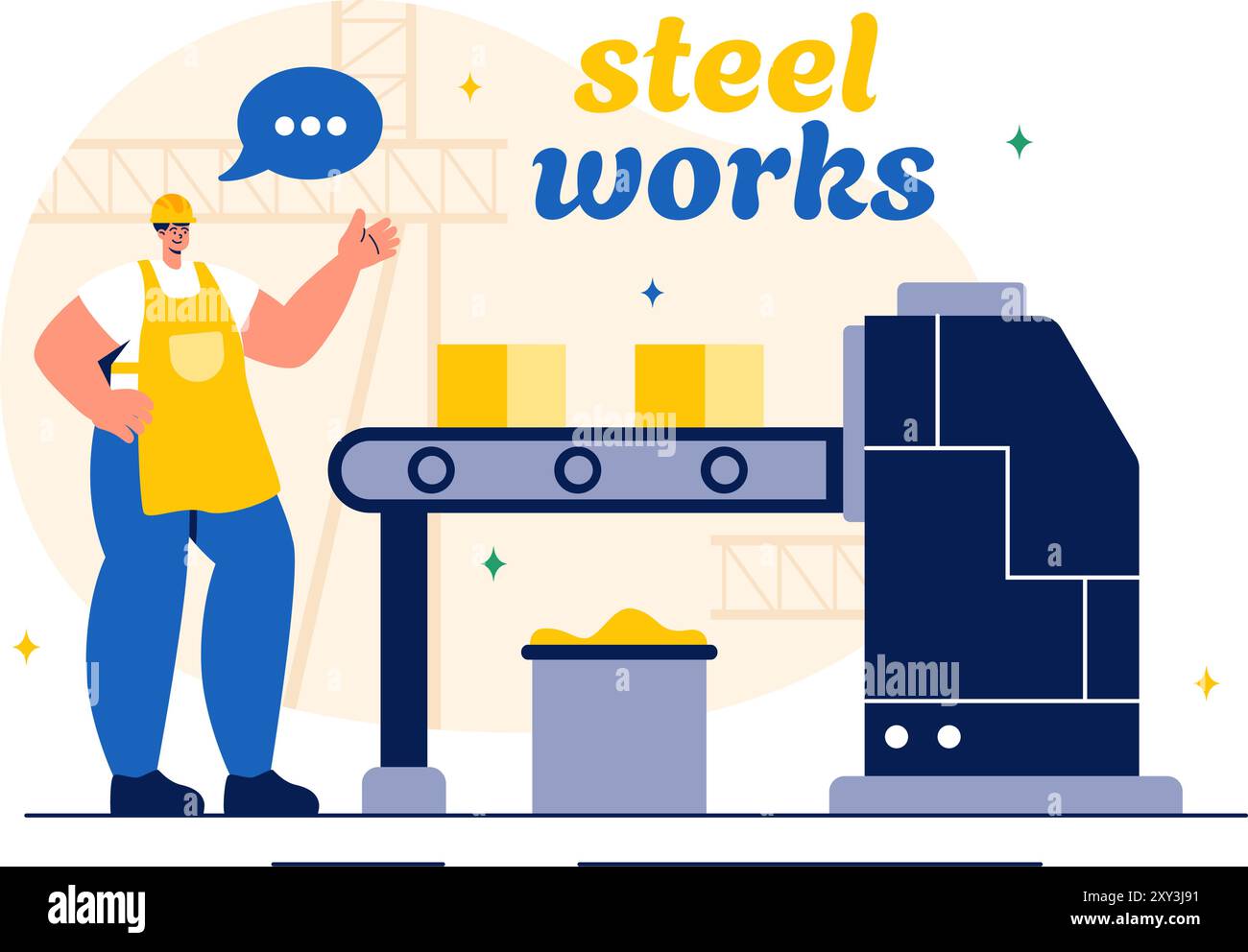 Steelworks Vector Illustration with Resource Mining, Smelting of Metal in Big Foundry and Hot ...
