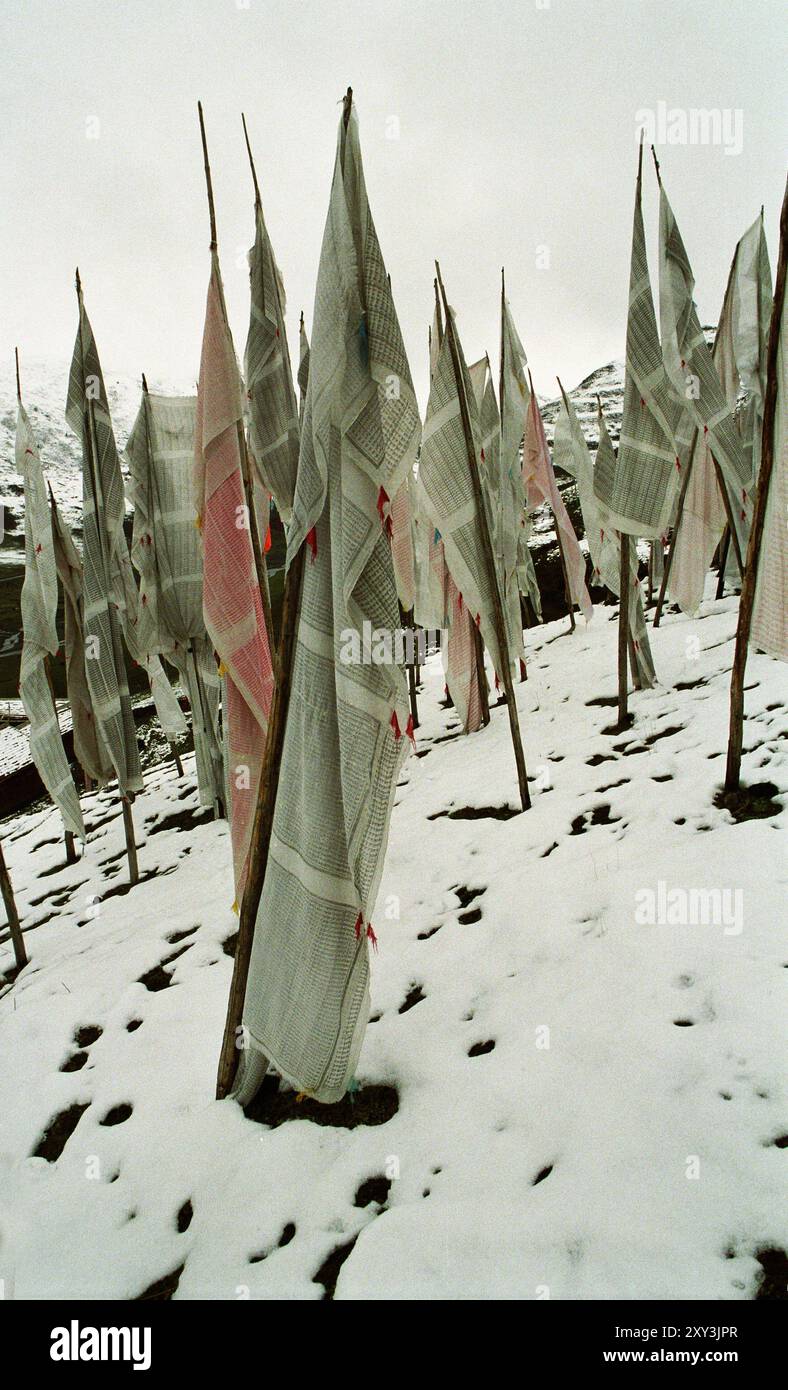Tibetan prayer flags around a monastery in the Tagong grasslands ...