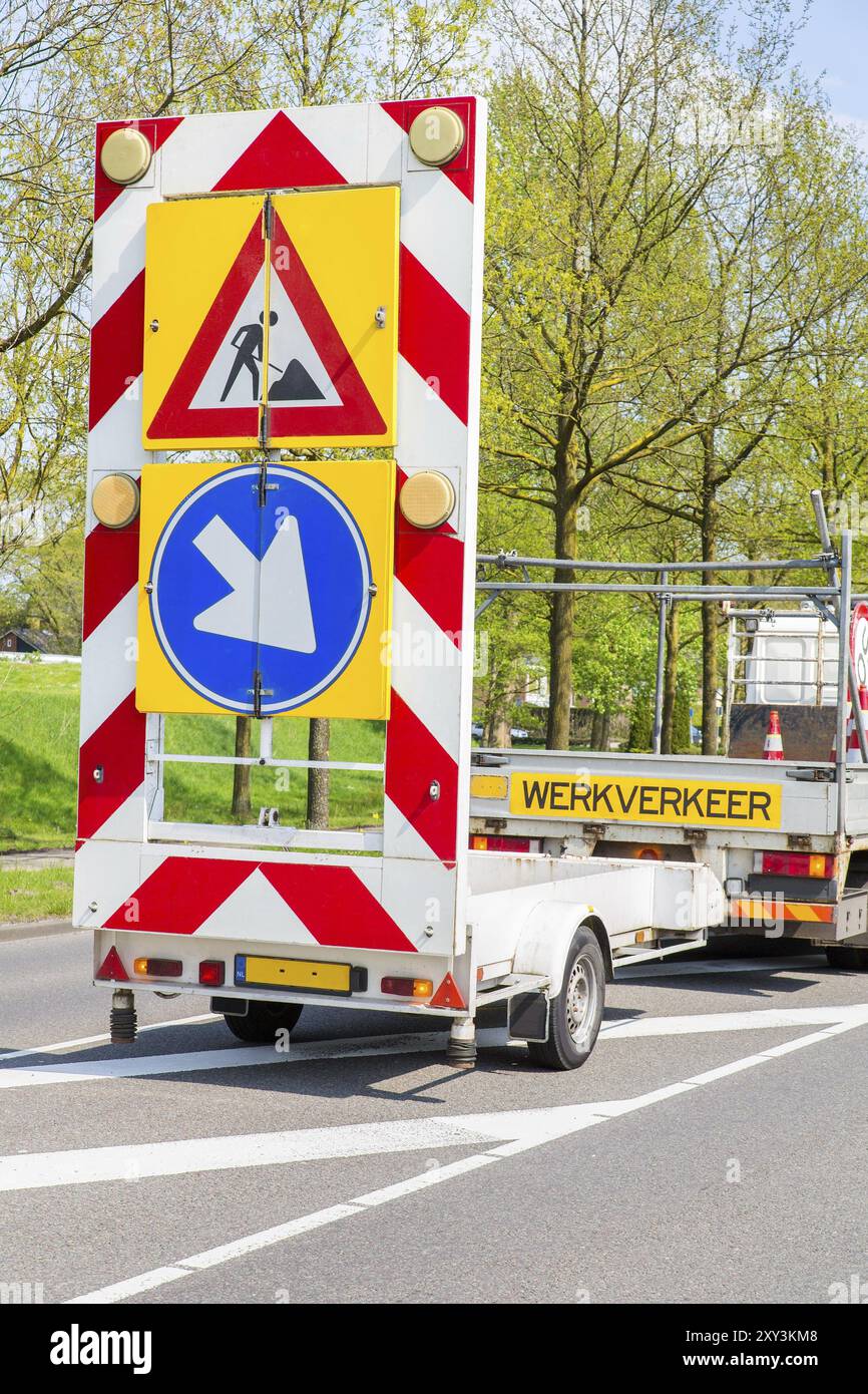 Road works with truck and traffic signs in the Netherlands Stock Photo ...