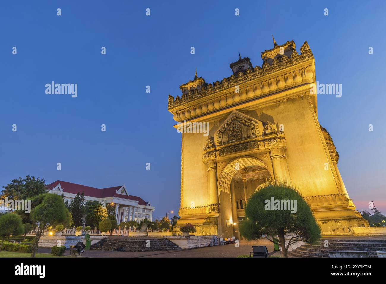 Vientiane Laos, night city skyline at Patuxai (Patuxay) the most famous landmark in Vientiane ...
