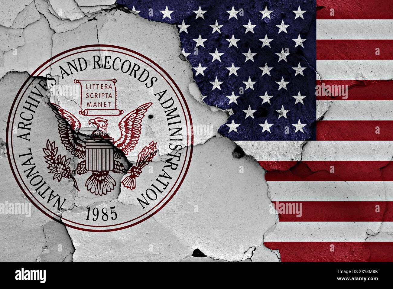 Flags of National Archives and Records Administration and USA painted ...