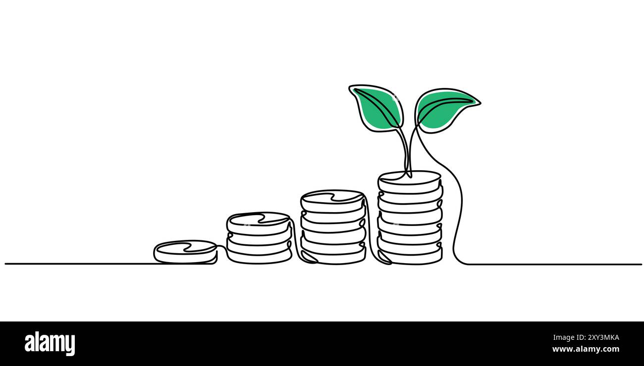 Coins stack with leaves branch continuous one line drawing. Business ...