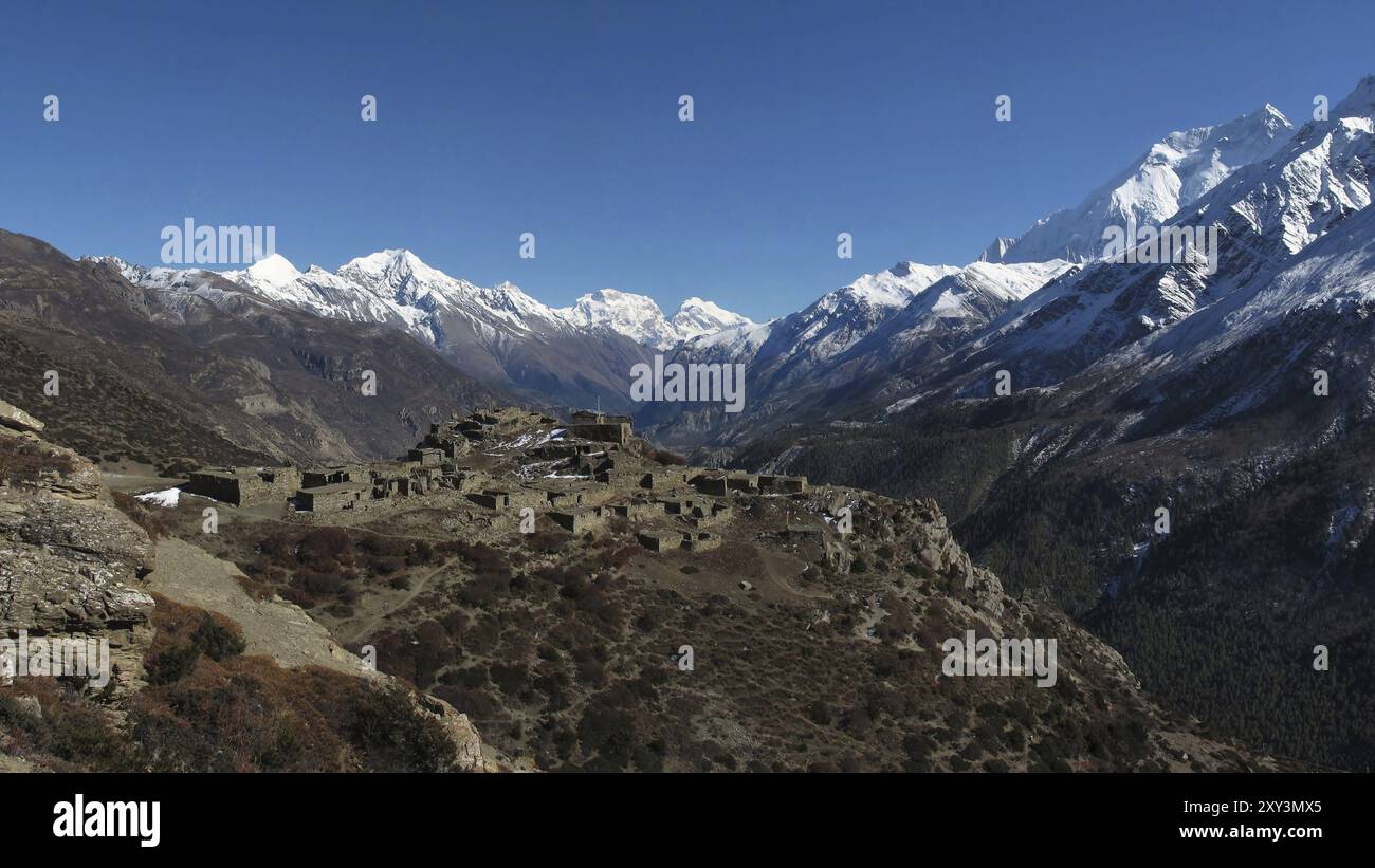 Beautiful panorama and old village near Manang, Nepal, Asia Stock Photo ...