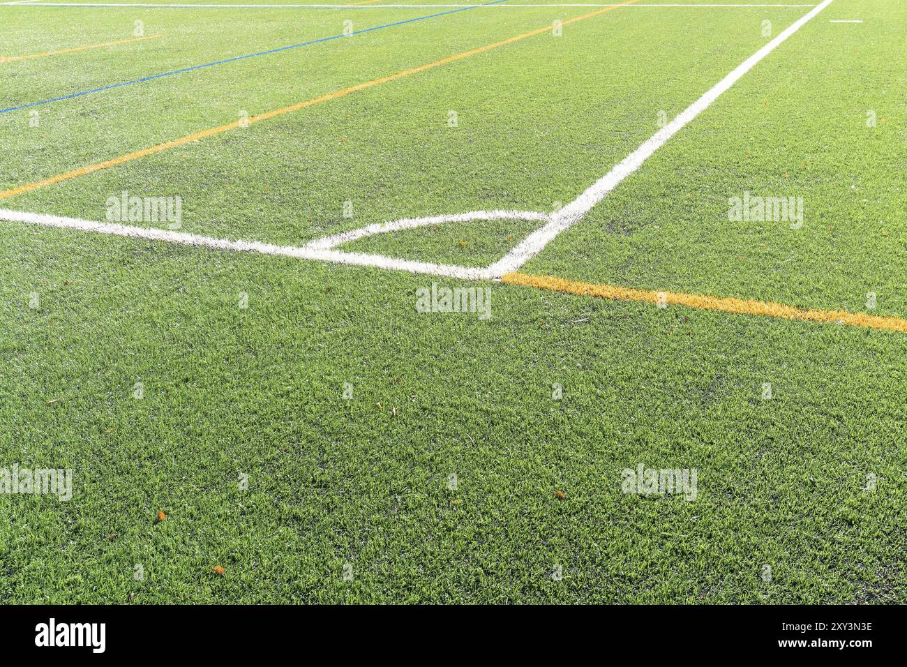 Soccer field with a new artificial turf field, white corner marking. Soccer background with Copy ...