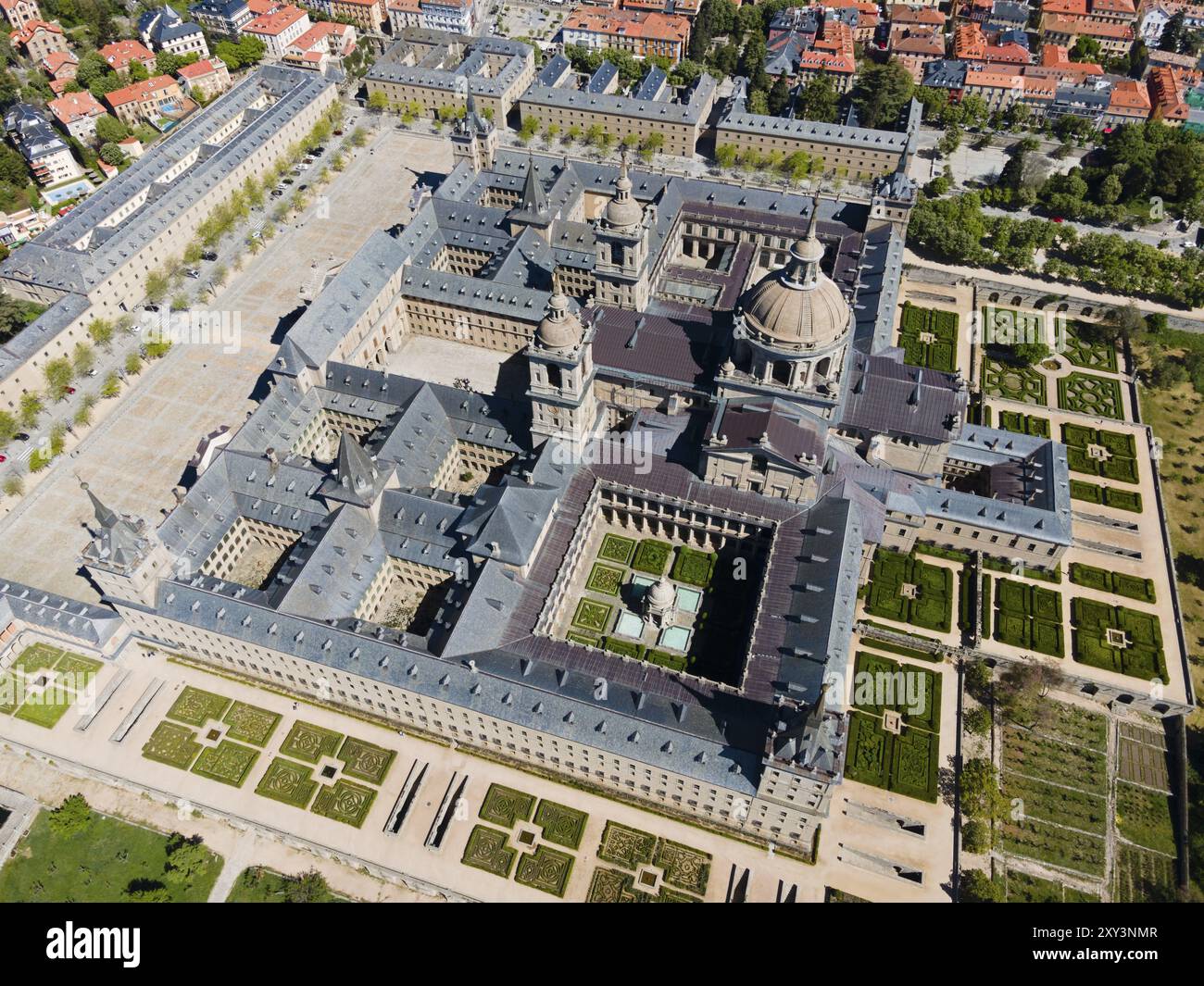 Aerial view of a large historic monastery with many courtyards and ...