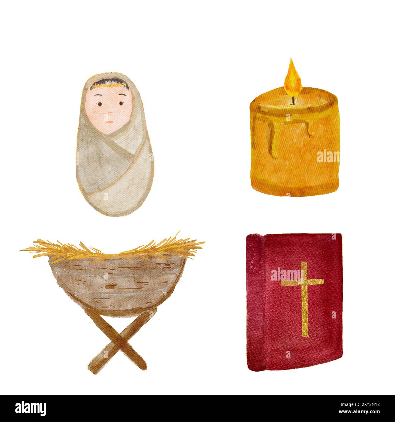 Wrapped baby Jesus, manger, Bible and a candle hand painted watercolor ...