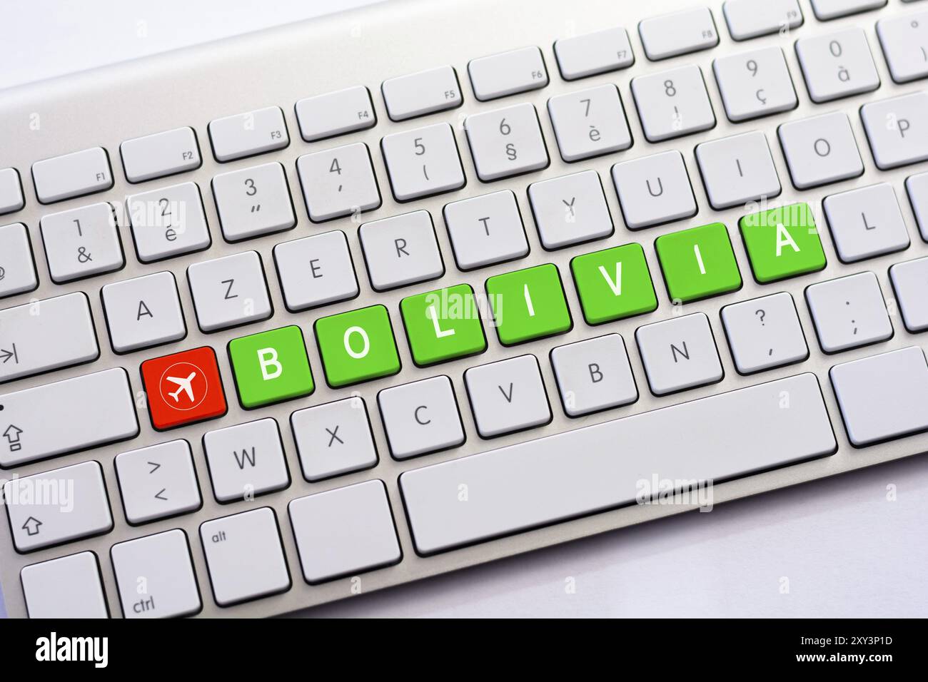 BOLIVIA writing on white keyboard with a aircraft sketch Stock Photo ...