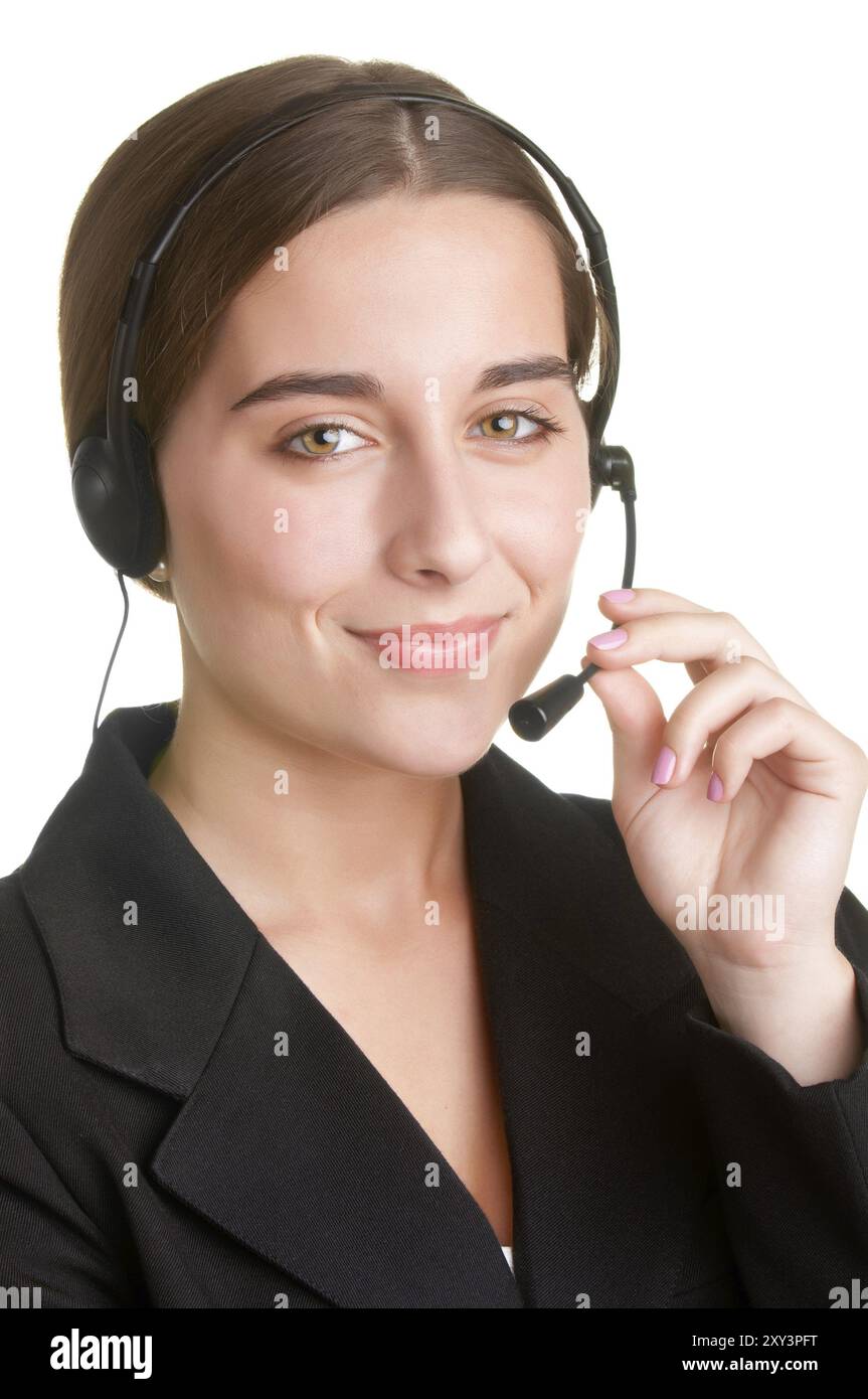 Corporate woman talking over her headset, isolated in a white background Stock Photo - Alamy