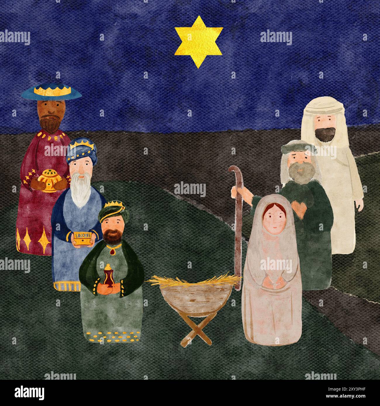Wise men holy family Christmas card hand painted digital watercolor on ...